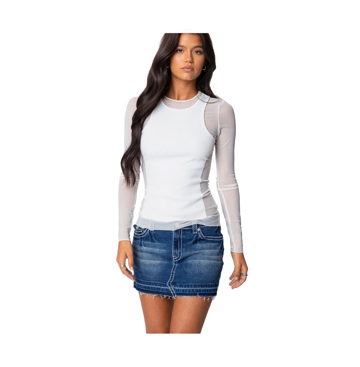 Click here for Edikted Womens Rib Tank Layered Mesh Top - White prices