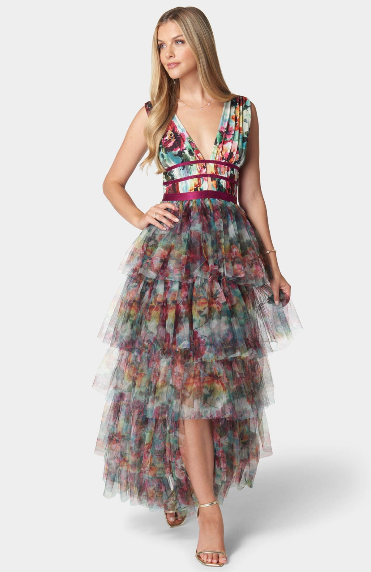 Click here for Bebe Womens Tiered High Low Gown - Falling for flo... prices