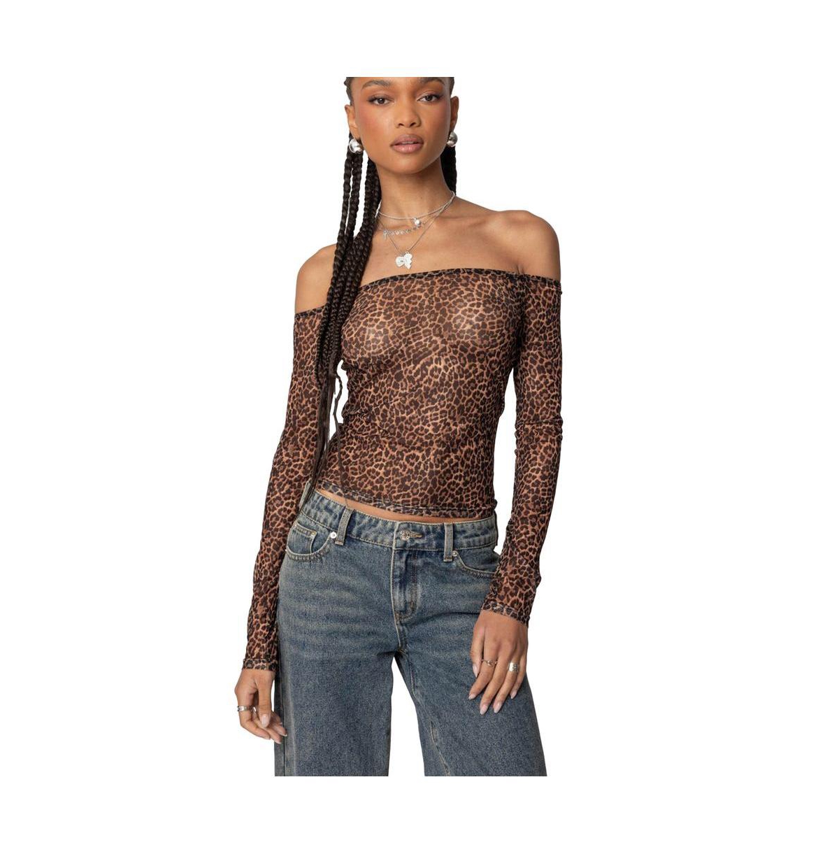 Edikted Womens Leopard Sheer Mesh Off Shoulder Top - Leopard