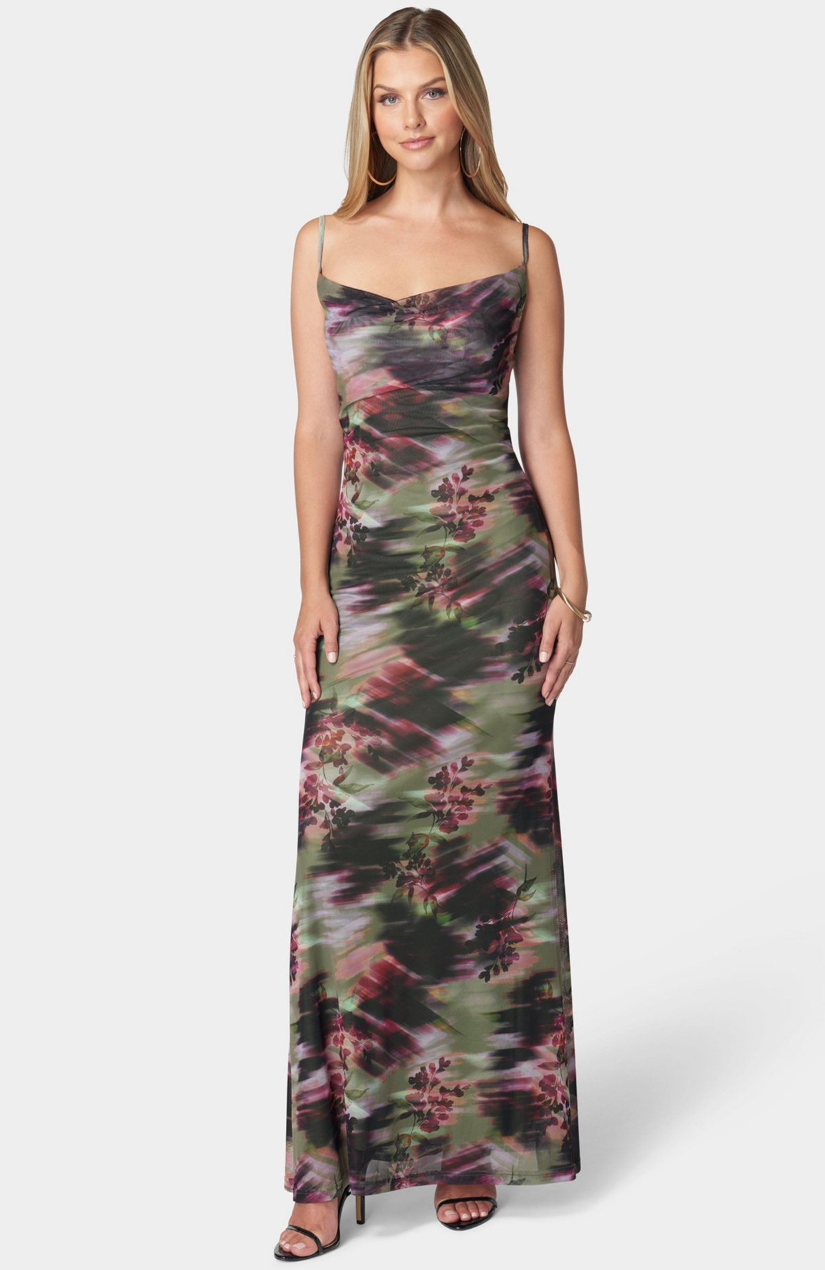 Click here for Bebe Womens Printed Mesh Cowl Gown - Mystic blooms prices