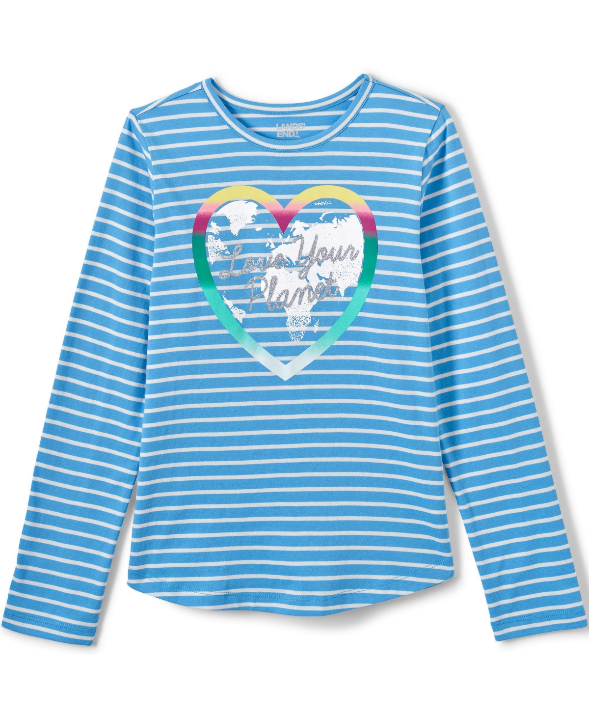 Click here for Lands End Girls Long Sleeve Graphic Tee - Blue str... prices