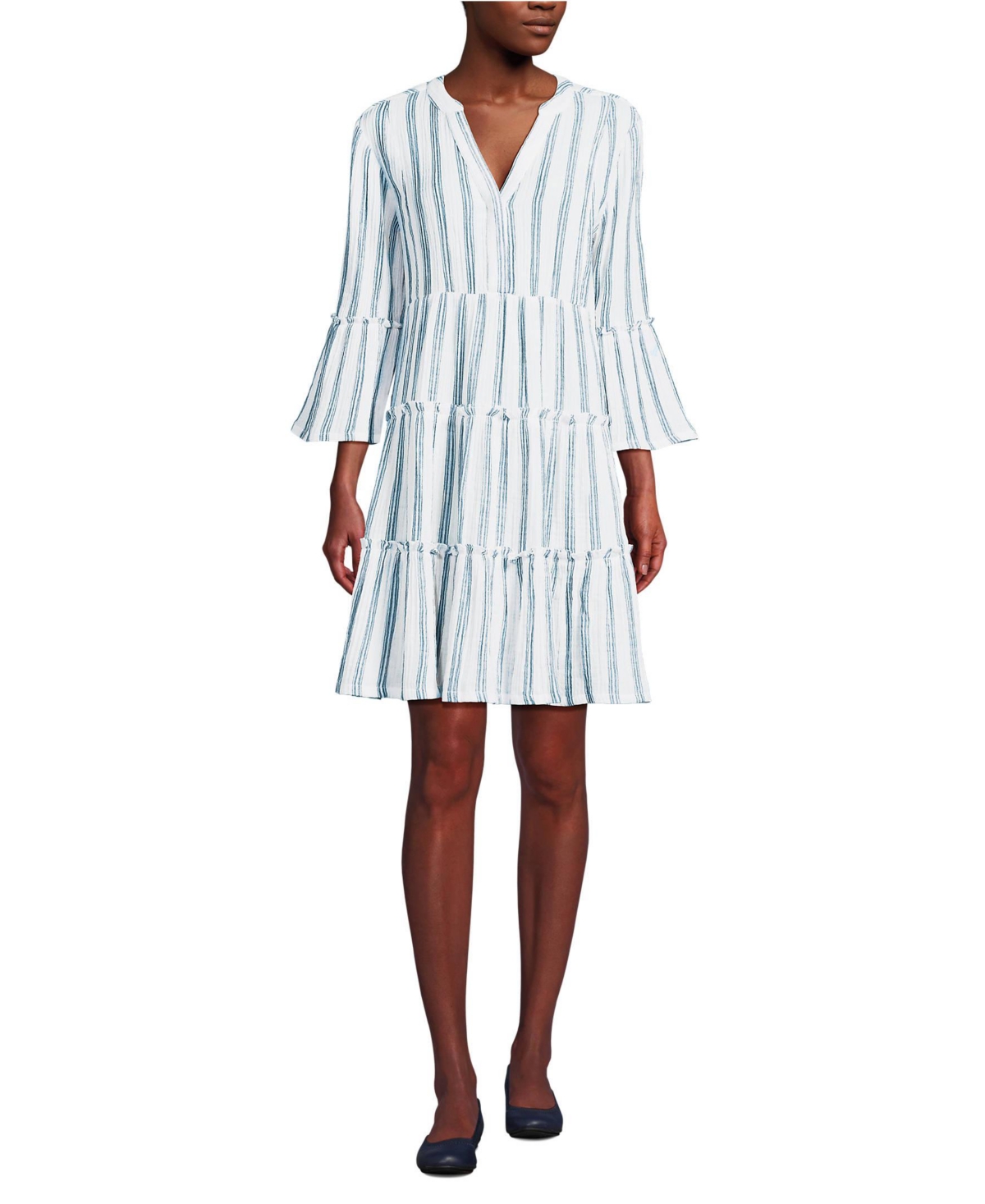 Click here for Lands End Womens Gauze Tiered Dress - Navy double... prices