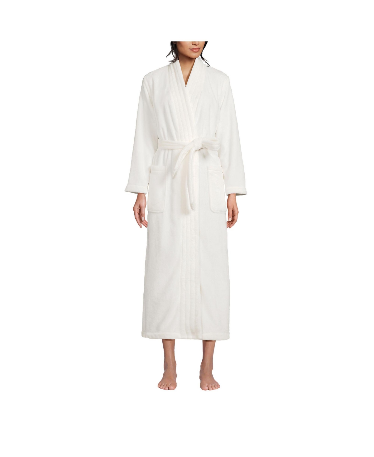 Lands End Womens Cozy Plush Long Wrap Robe - Ivory