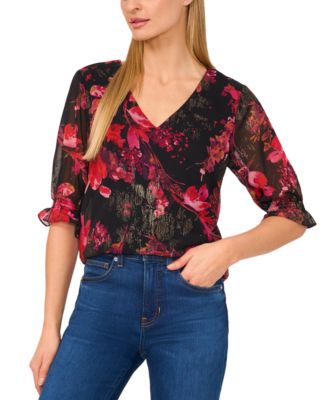 CeCe Women's Floral V-Neck Ruffled-Cuff Blouse - Macy's