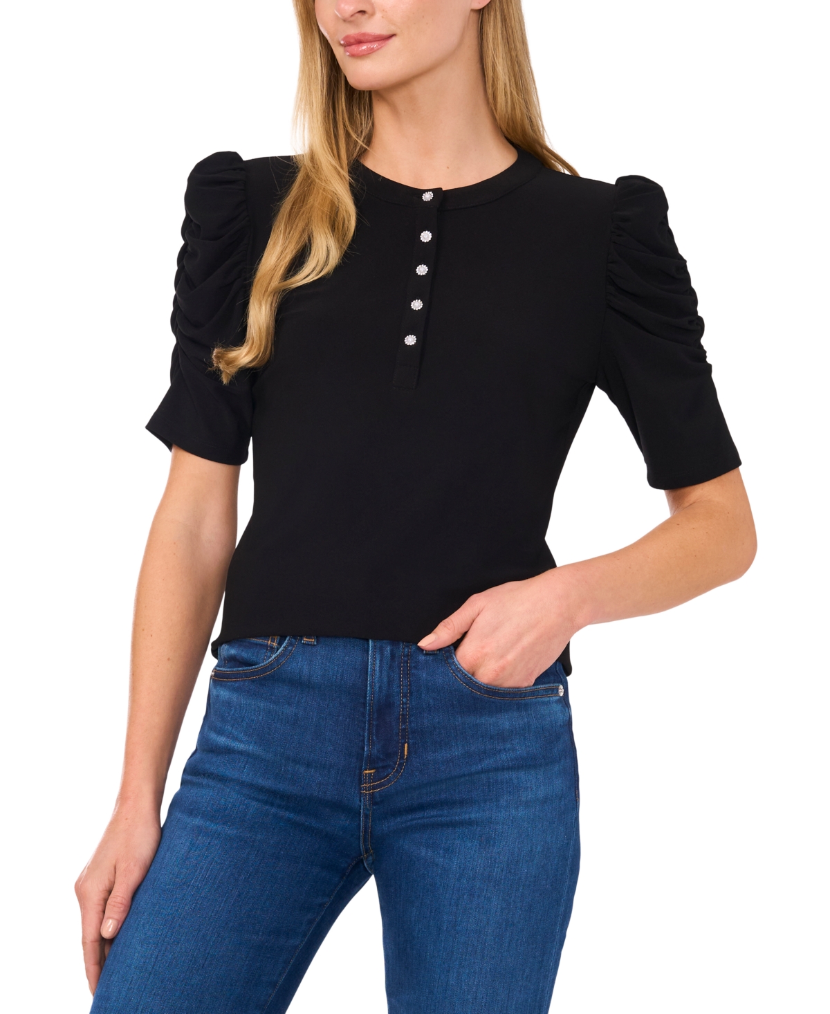 Click here for CeCe Womens Shirred-Sleeve Embellished-Button Top... prices