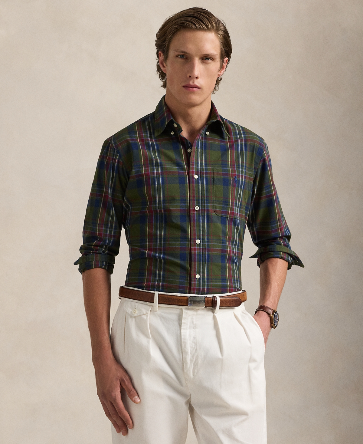 Polo Ralph Lauren Mens Classic-Fit Plaid Performance Shirt - 6616B Olive Navy Multi