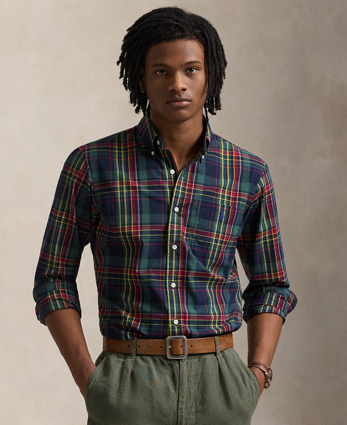 Polo Ralph Lauren Mens Classic-Fit Plaid Performance Shirt - 6616A Navy Red Multi