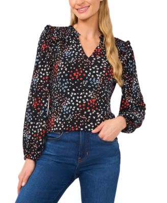 CeCe Women's Smocked-Shoulder Split-Neck Top - Macy's