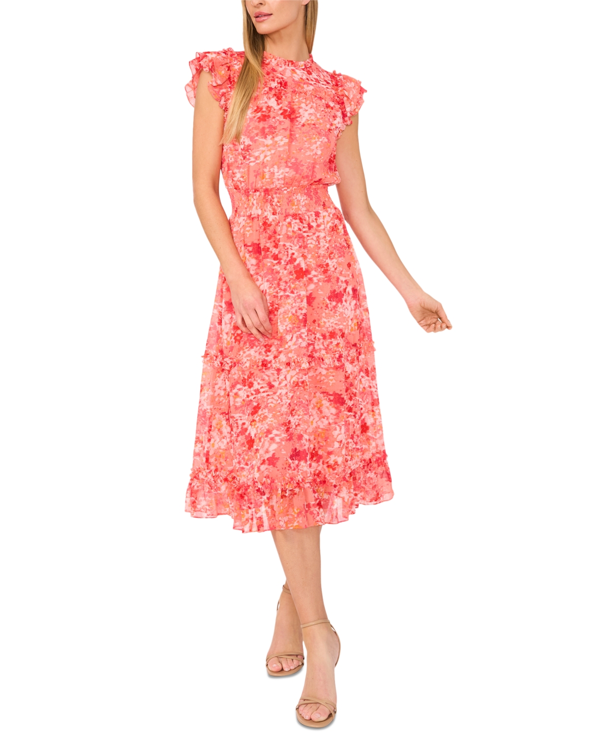 Click here for CeCe Womens Printed Ruffled Smocked-Waist Midi Dre... prices