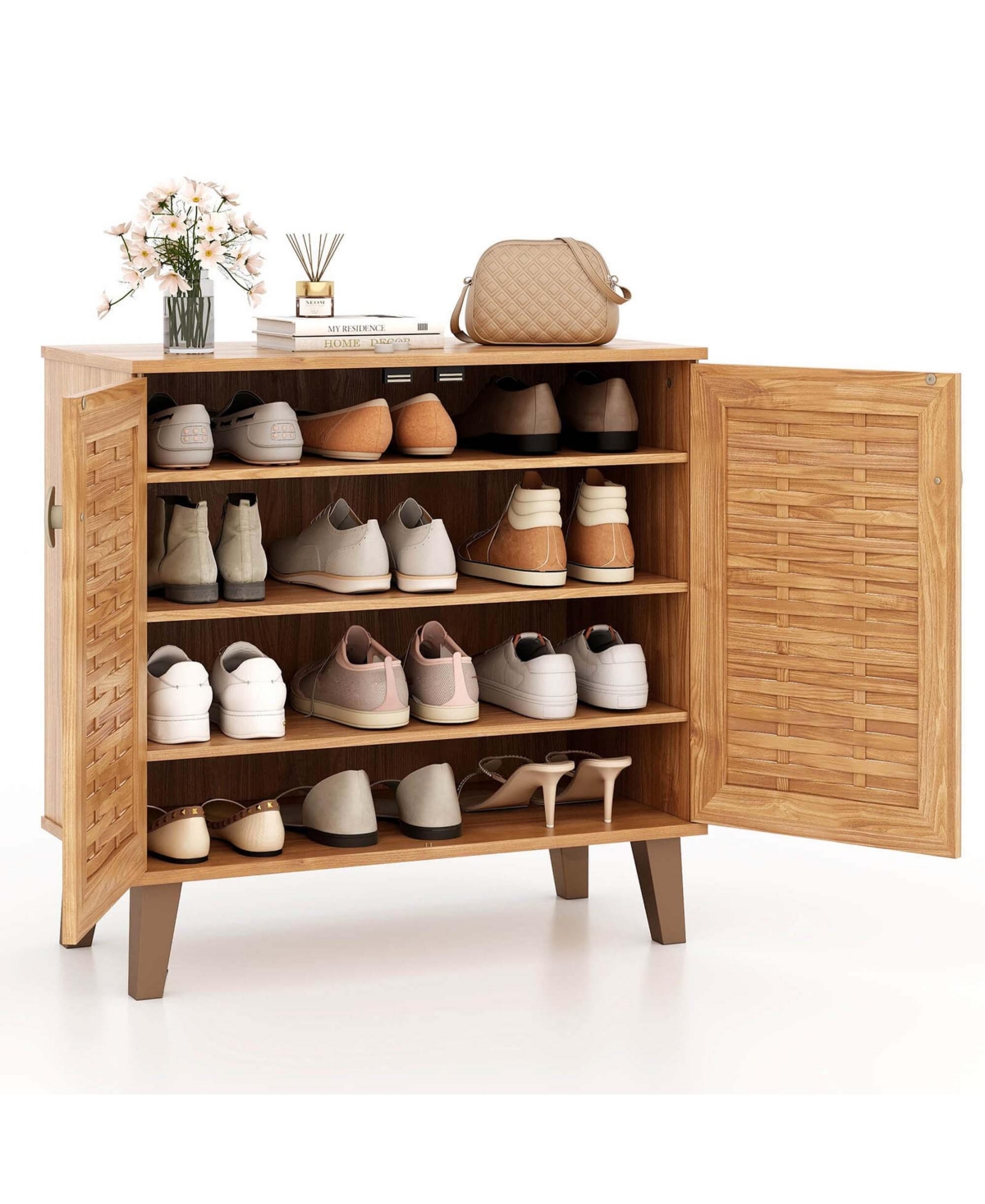 Costway 2-Door Shoe Cabinet with Ventilated Woven Doors & 3 Removable ...