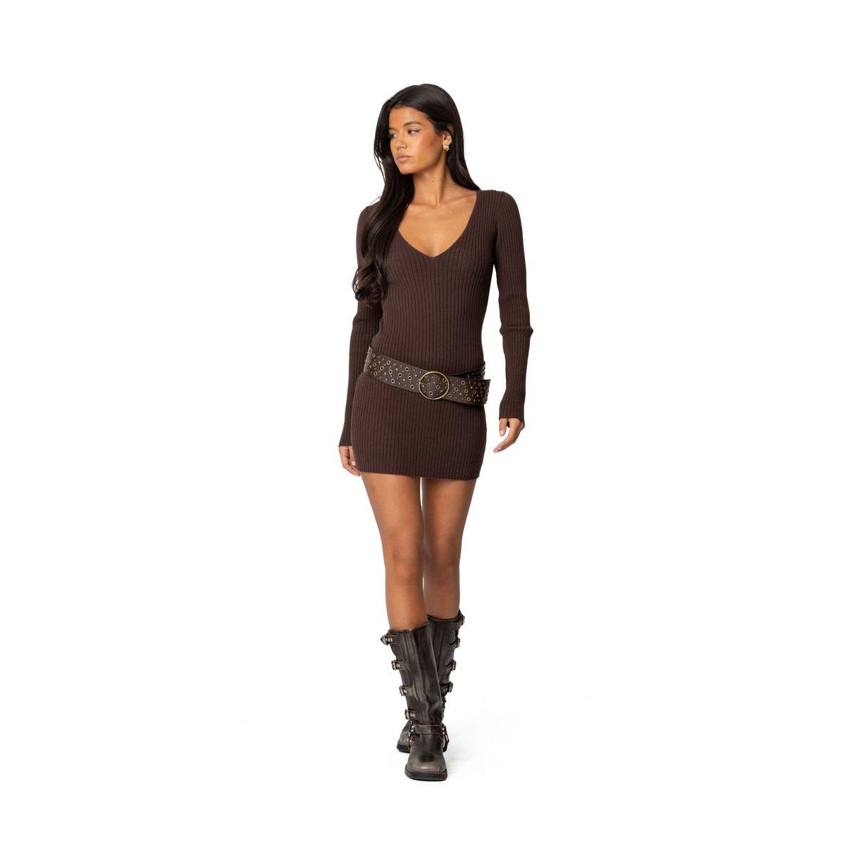 Click here for Edikted Womens Ribbed Knit V Neck Mini Dress - Bro... prices