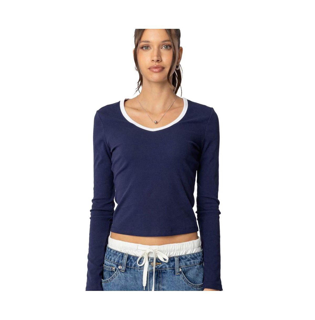 Click here for Edikted Womens Contrast V Neck Long Sleeve T Shirt... prices