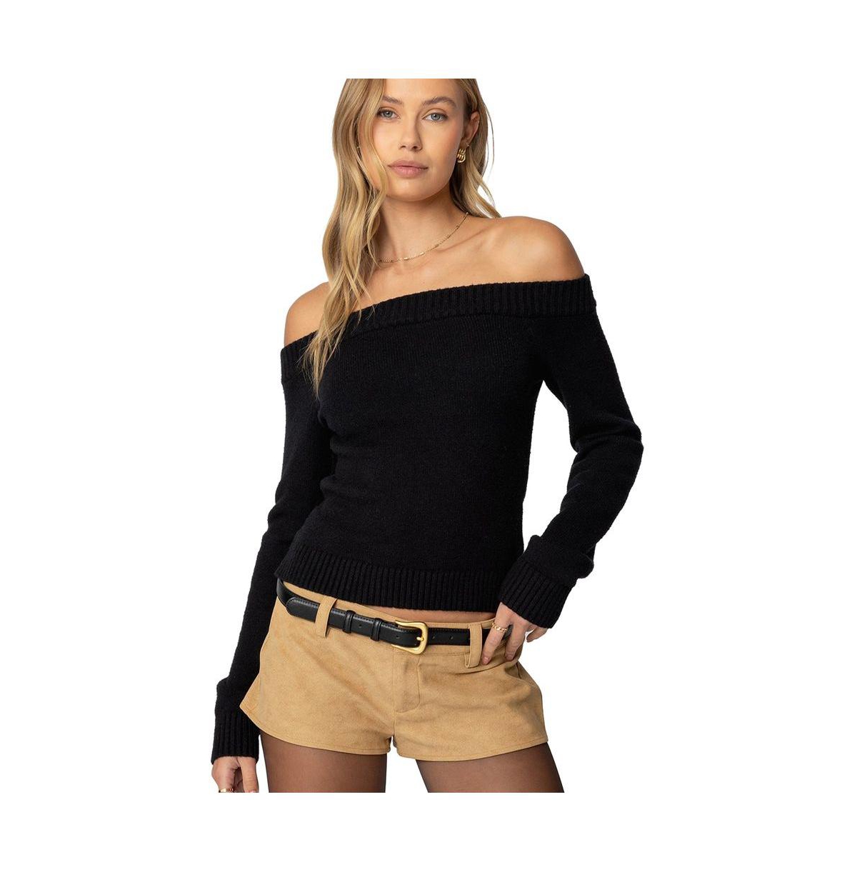 Edikted Womens Elona Off Shoulder Knit Top - Black
