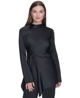 Halston Women's Twill-Satin Draped-Front High-Neck Tunic - Macy's