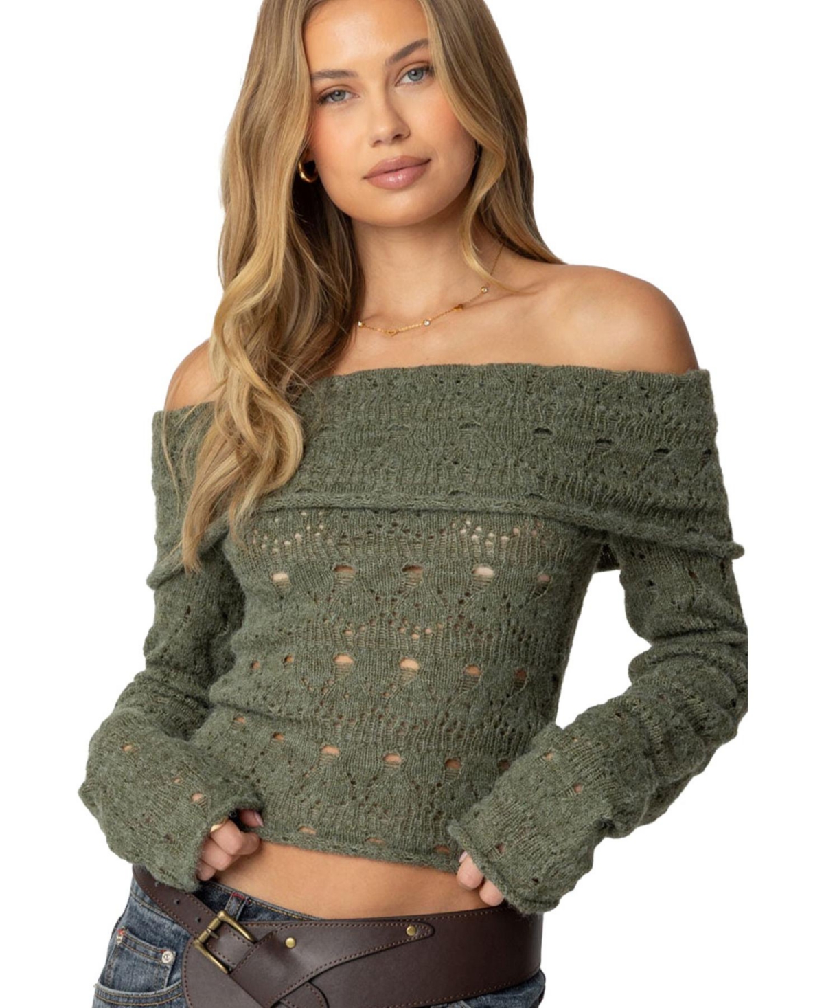 Click here for Edikted Womens Kenna Fold Over Knit Top - Green prices