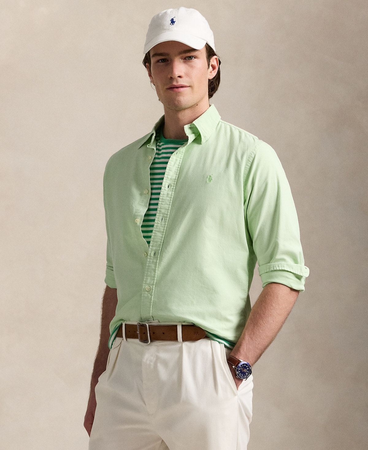 Polo Ralph Lauren Mens Classic Fit Mineral-Dyed Oxford Shirt - Leaf