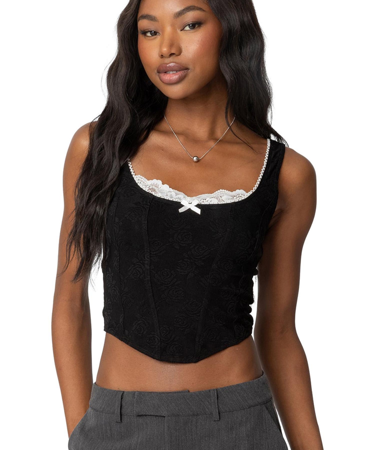 Click here for Edikted Womens Rosetta Peekaboo Lace Top - Black prices