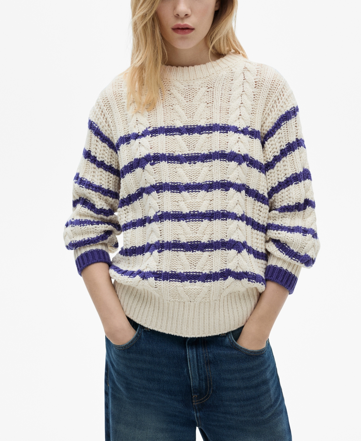 Click here for Mango Womens Striped Braided Sweater - Ecru prices