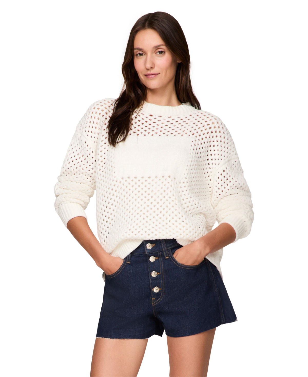 Click here for Tommy Jeans Womens Flag Open-Knit Crewneck Sweater... prices