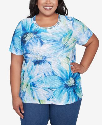 Alfred Dunner Plus Size Dramatic Blue Floral Crew Neck Top - Macy's
