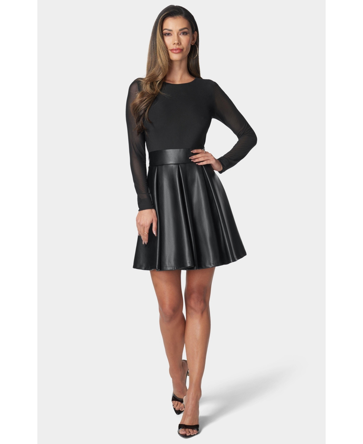 Click here for Bebe Womens Faux Leather Flare Dress - Black prices