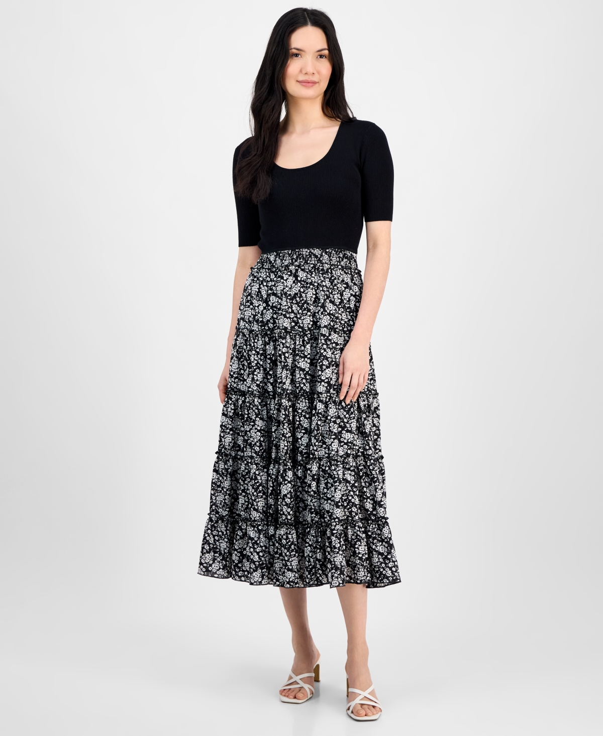 T Tahari Elbow Sleeve Scoop Neck Ribbed Dress