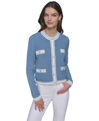 KARL LAGERFELD PARIS Petite Four-Pocket Tipped Cardigan - Macy's
