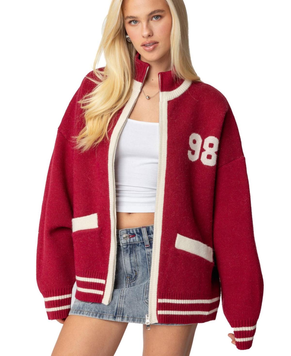 Click here for Edikted Womens 98 Varsity Zip Up Sweater - Burgund... prices