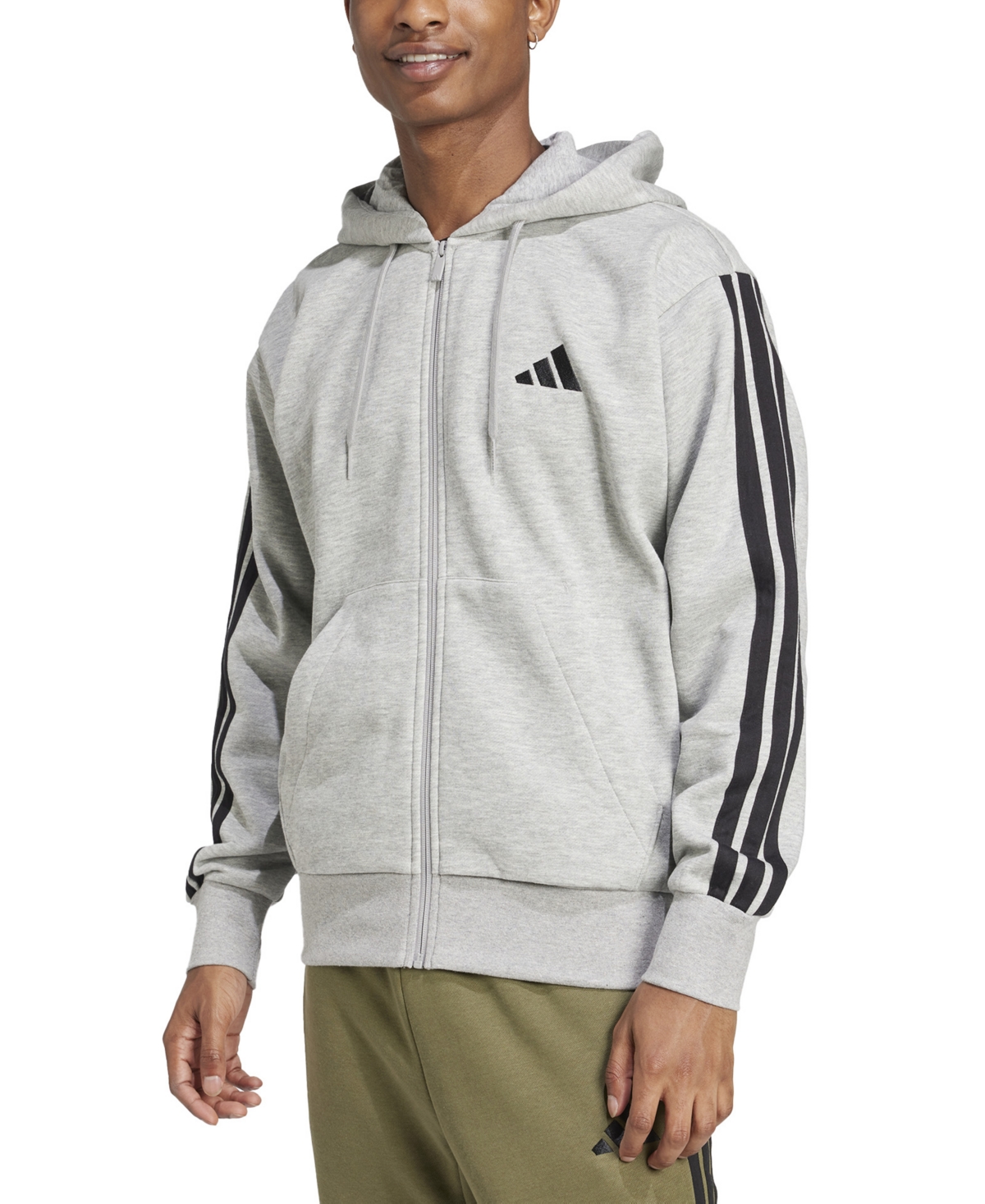 adidas Mens Regular-Fit 3-Stripes Full-Zip Fleece Hoodie - Gray/Black