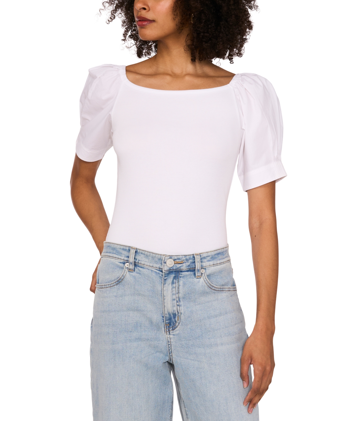 Click here for 1.state Womens Mixed-Media Puff-Sleeve Top - Ultra... prices