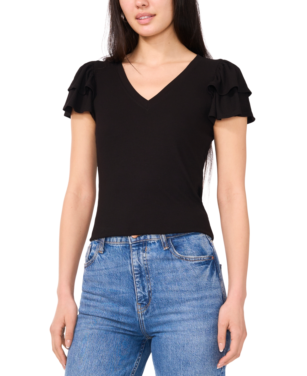 Click here for Sam & Jess Womens V-Neck Flutter-Sleeve Rib-Knit T... prices