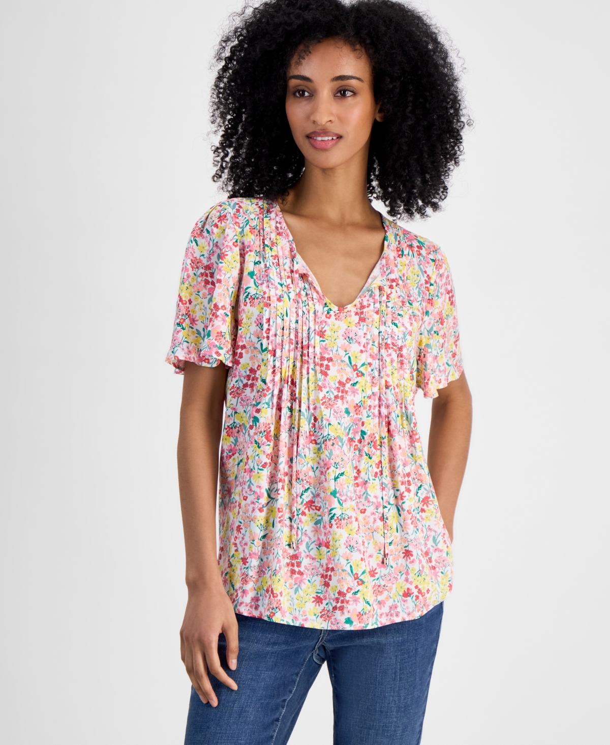 Tommy Hilfiger Womens Pintucked Floral-Print Top - Ivory Multi