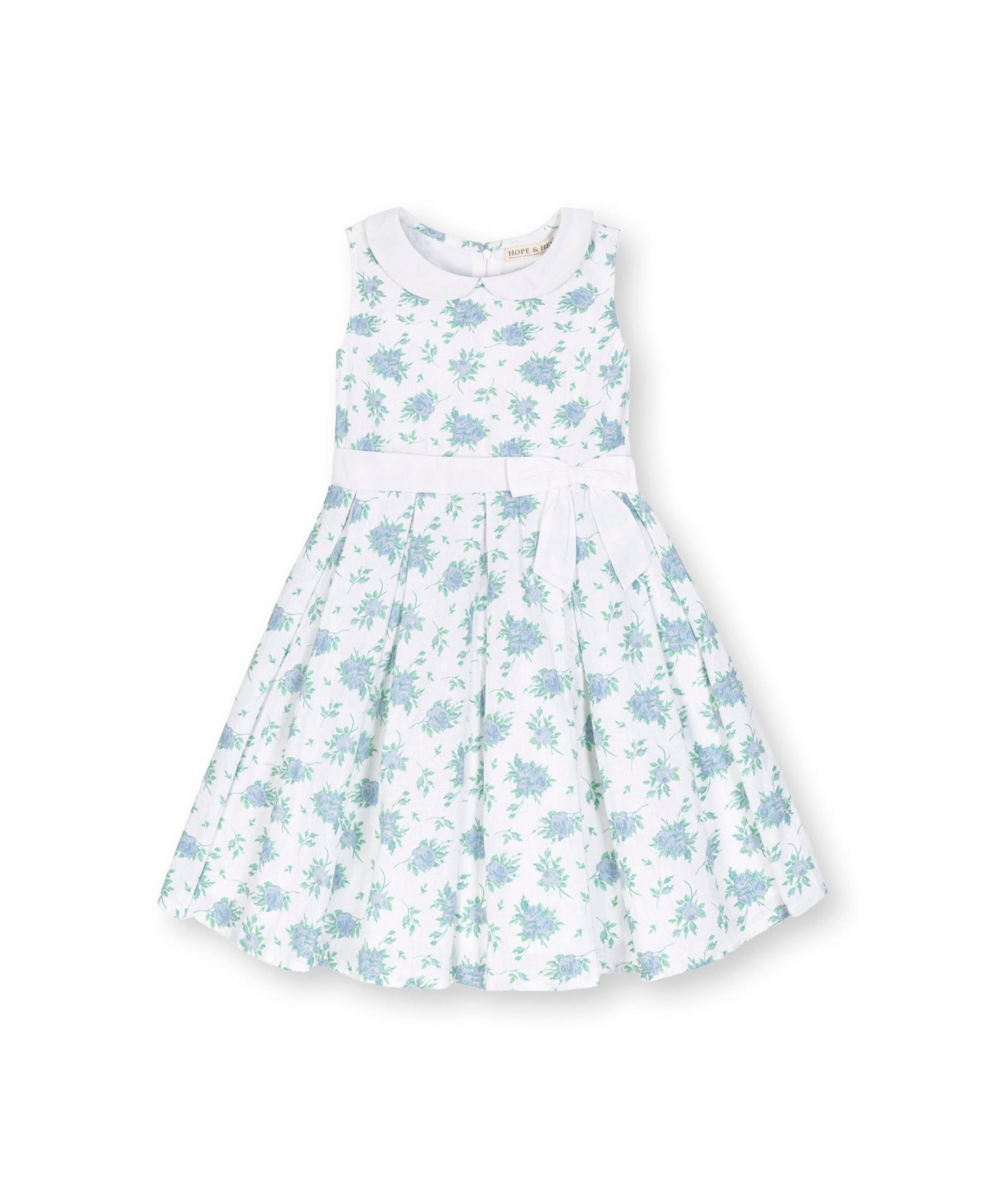 Hope & Henry Big Girls Heirloom Linen Sleeveless Peter Pan Collar Tea Dress with Waist Sash - Coastal cottage floral