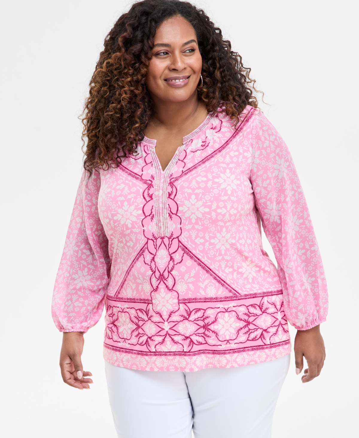 Click here for Jm Collection Plus Size Printed Embellished Top  E... prices