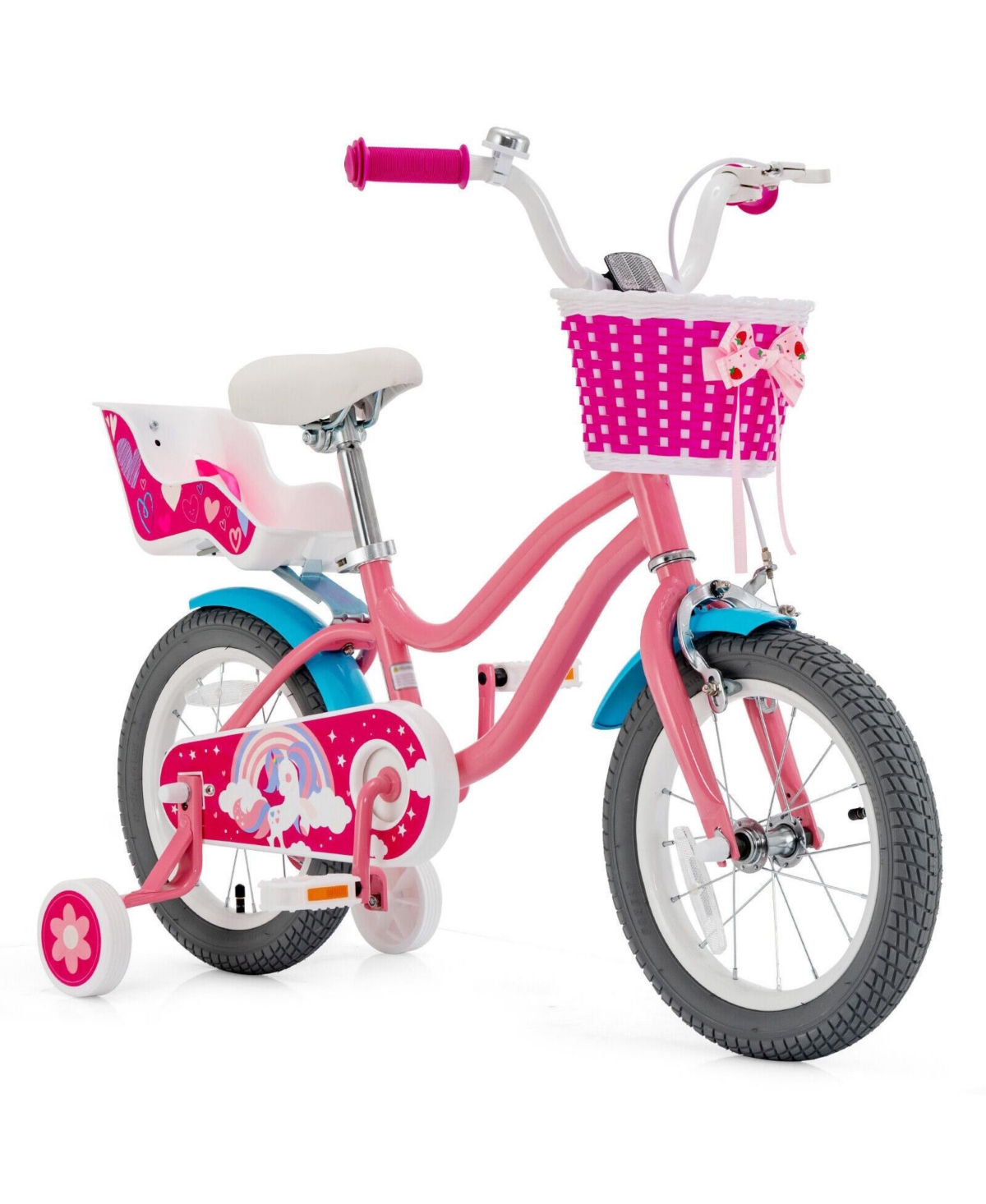 Kids Bike with Training Wheels and Front Basket for Ages 3–9  Boys and Girls - Pink