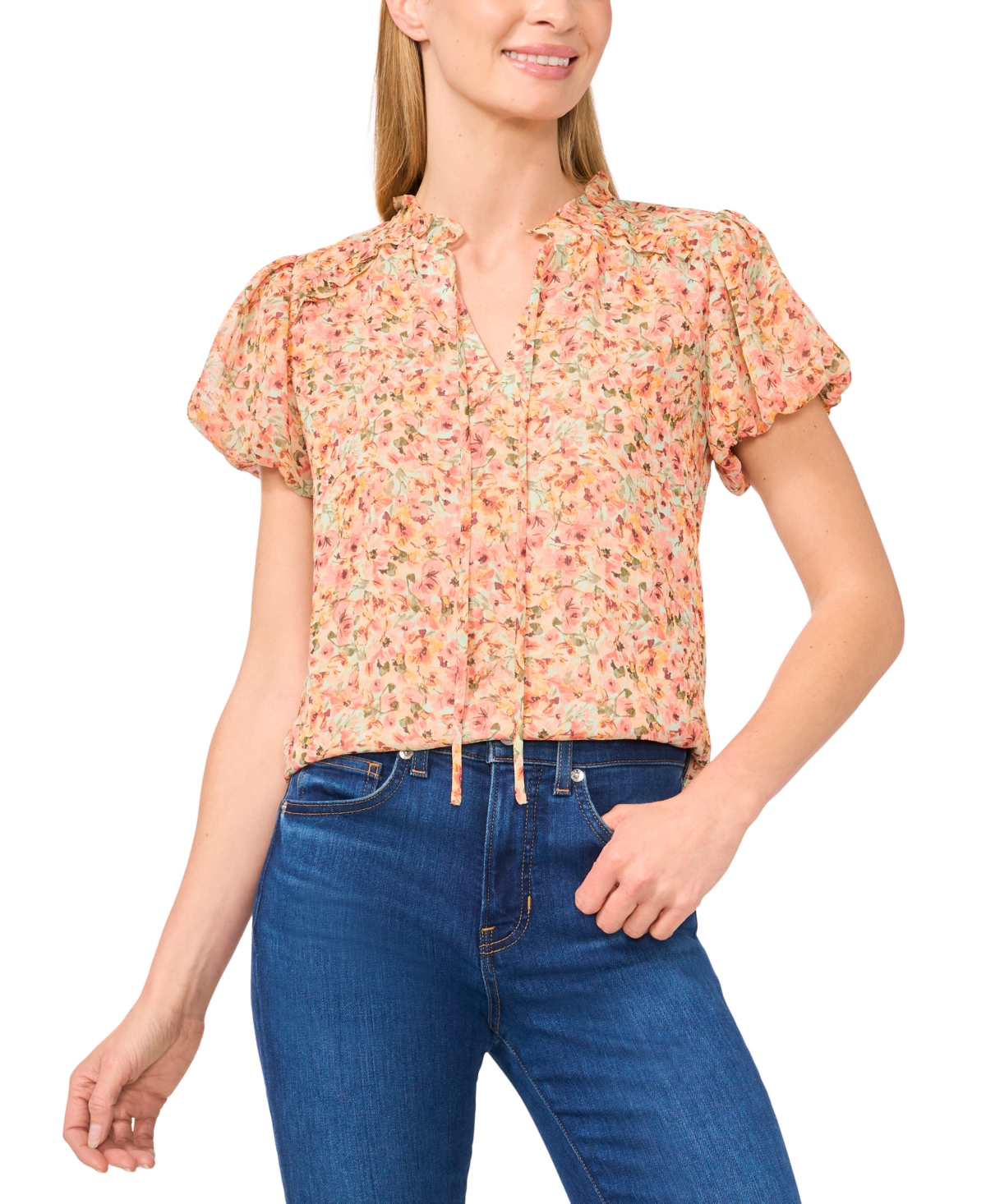 Click here for CeCe Womens Printed Ruffle-Trimmed Puff-Sleeve Blo... prices