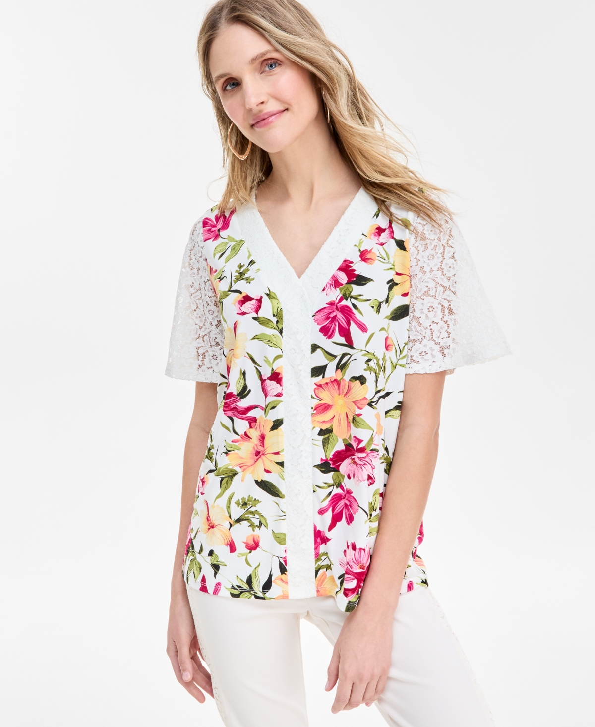 Click here for Jm Collection Petite Printed Lace V-Neck Top  Excl... prices