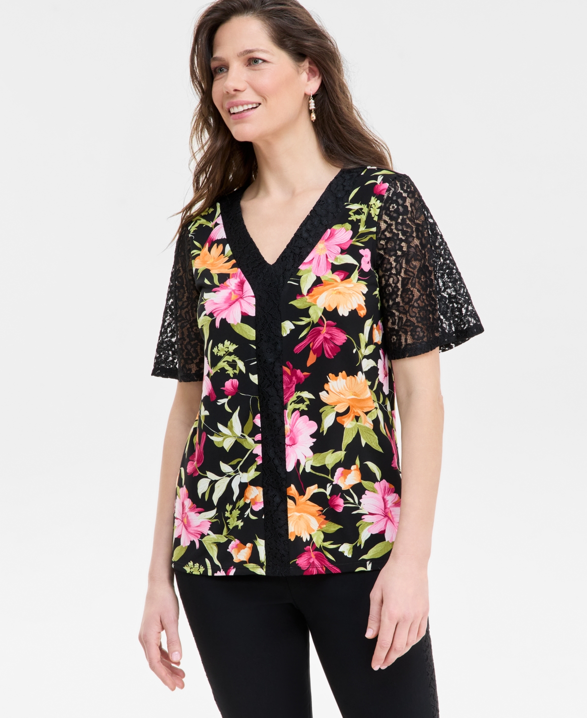 Click here for Jm Collection Womens Printed Lace V-Neck Top  Excl... prices