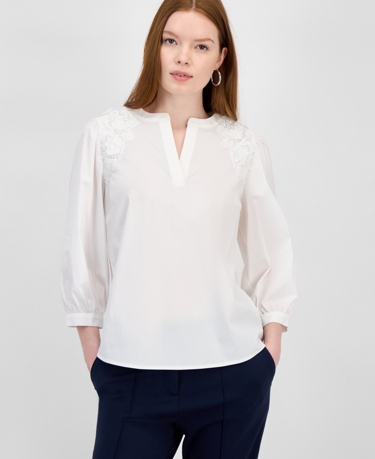 Click here for T Tahari Womens Lace-Trim Split-Neck 3/4-Sleeve To... prices