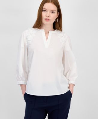 T Tahari Women's Lace-Trim Split-Neck 3/4-Sleeve Top - Macy's