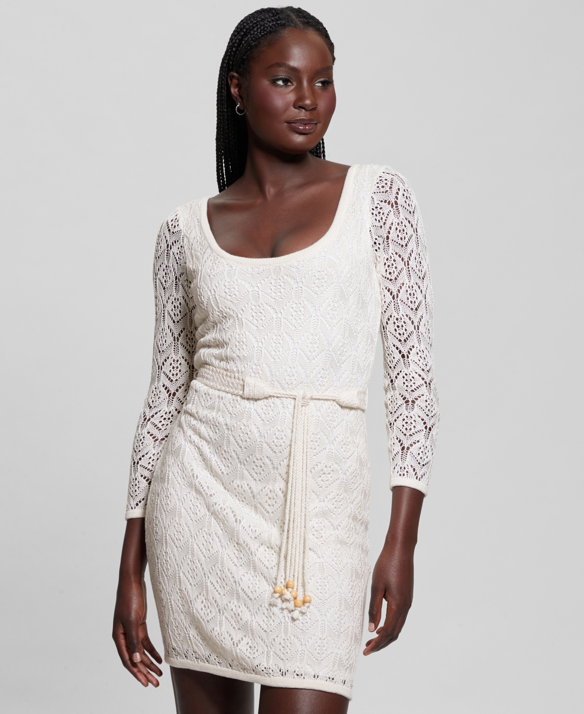 Guess Womens Kara Scoop-Neck 3/4-Sleeve Belted Dress - Dove White
