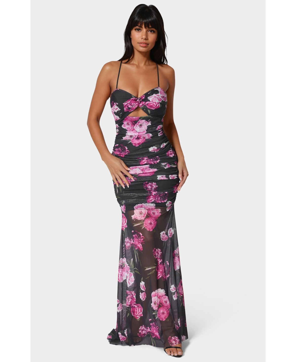 Click here for Bebe Womens Twist Front Mermaid Mesh Gown - Black... prices