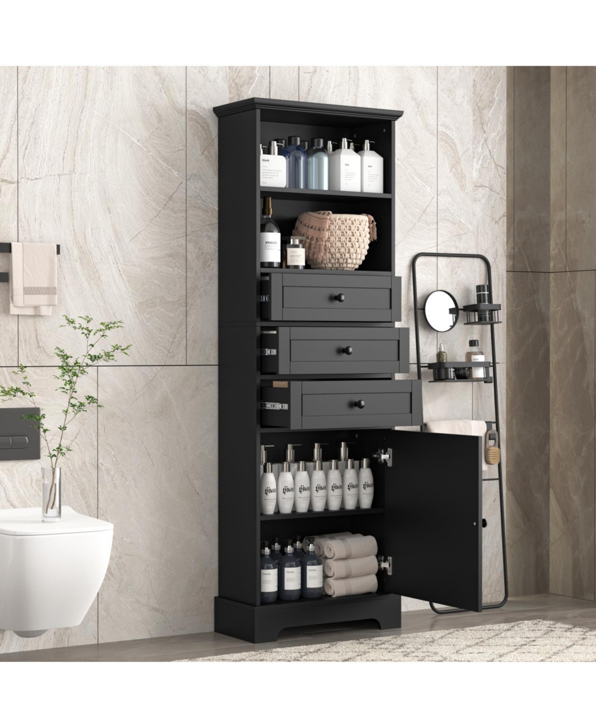 Click here for Tall Black Storage Cabinet with 3 Drawers and Shel... prices