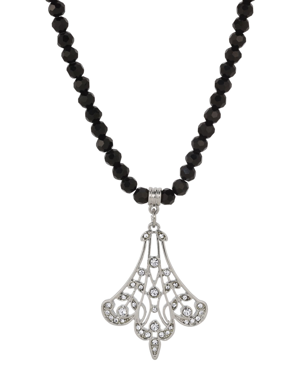 Click here for 2028 Black Glass Bead Crystal Fan Necklace - Black prices