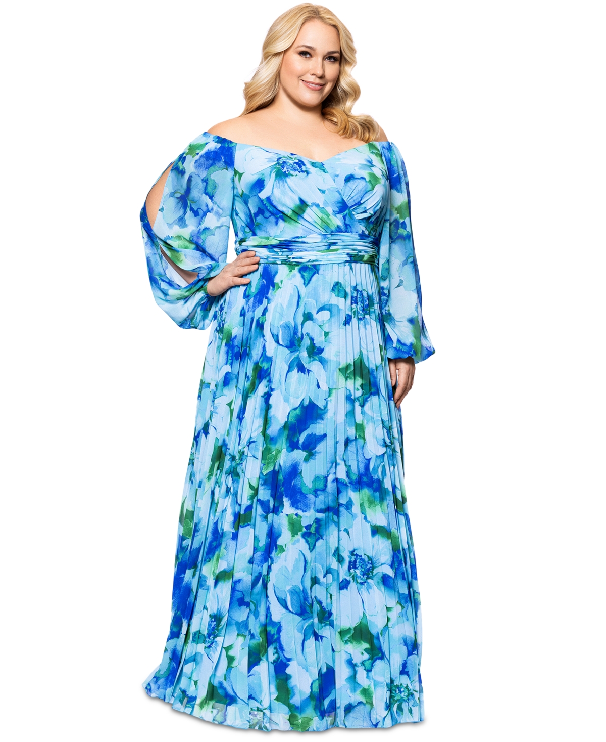 Click here for Xscape Plus Size Printed Off-The-Shoulder Pleated... prices