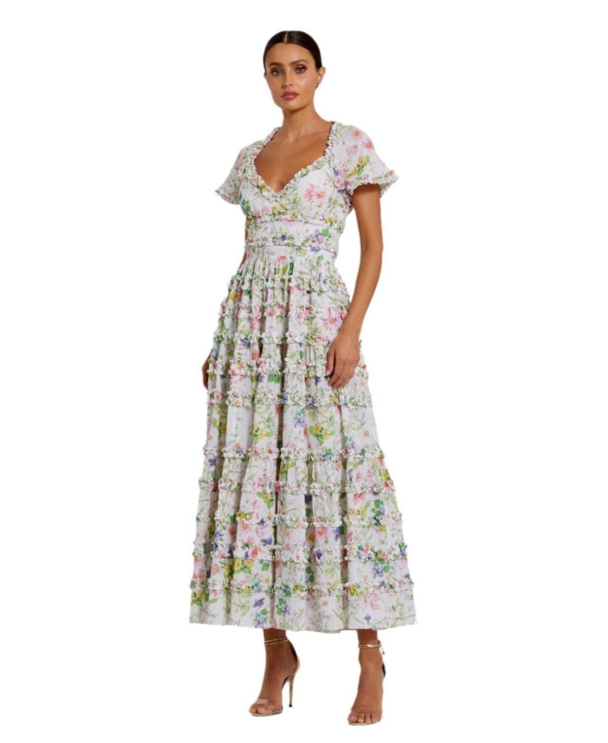 Mac Duggal Womens Cap Sleeve V Neck Open Back Floral Cotton Dress - White multi