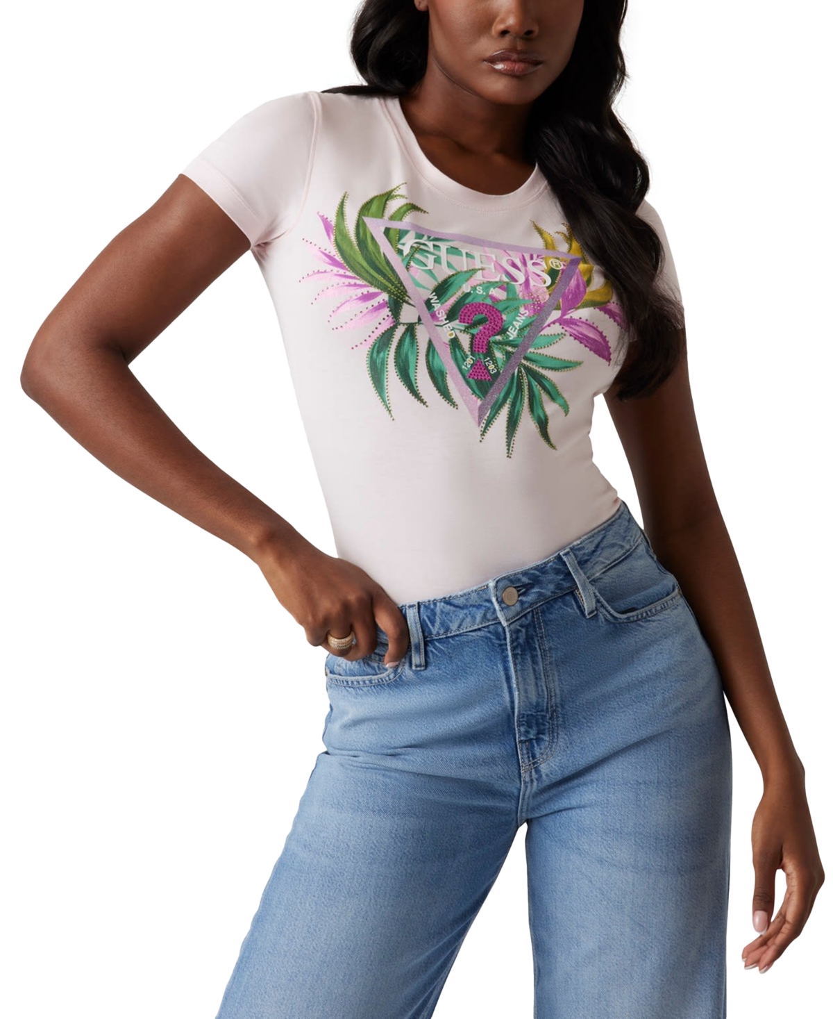 Click here for Guess Womens Embellished Graphic Print Short-Sleev... prices