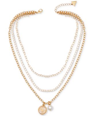 GUESS Gold-Tone Imitation Pearl & Logo Three Layered Pendant Necklace ...