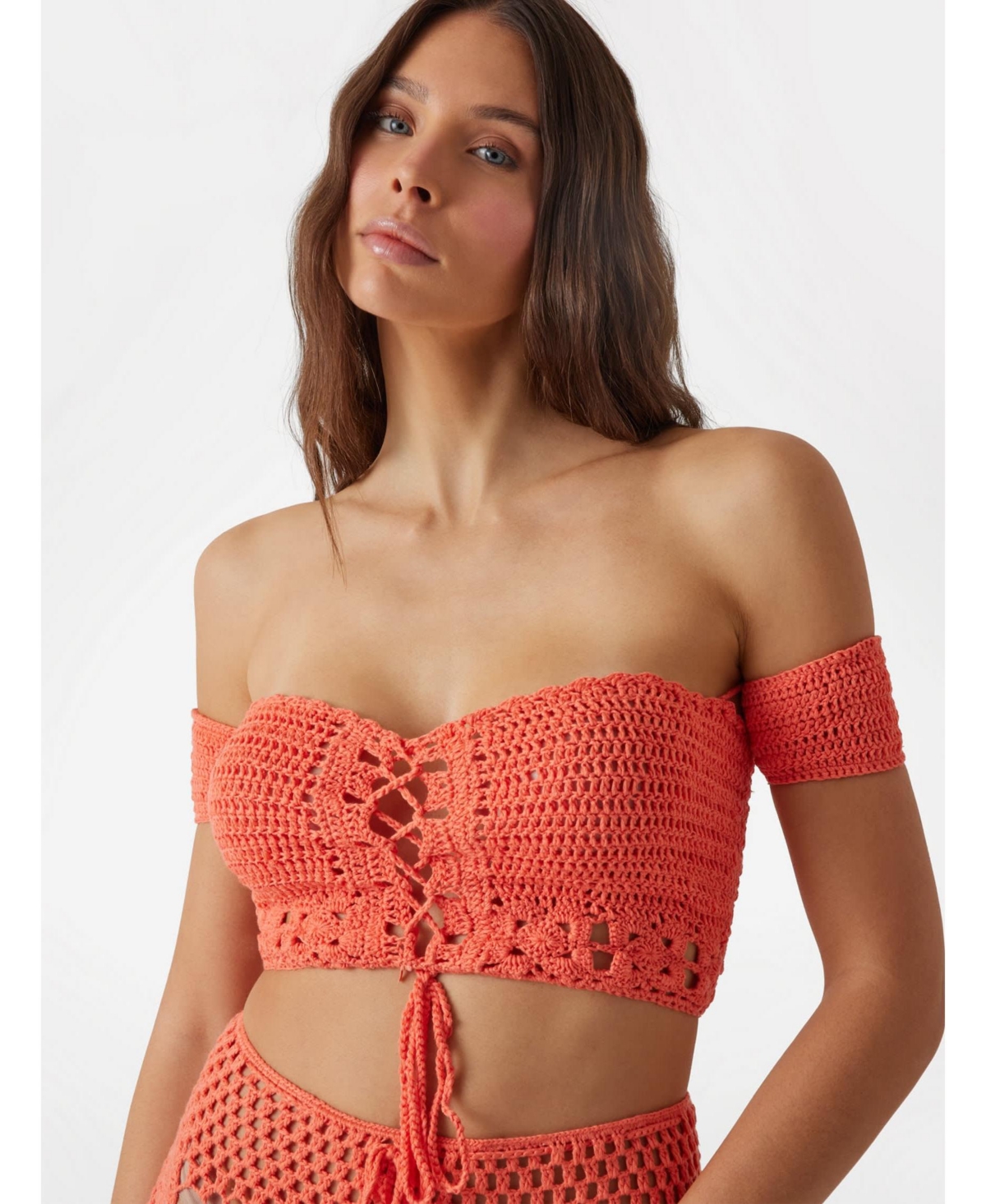 Click here for Guess Womens Crochet Crop Top - Sweet coral prices