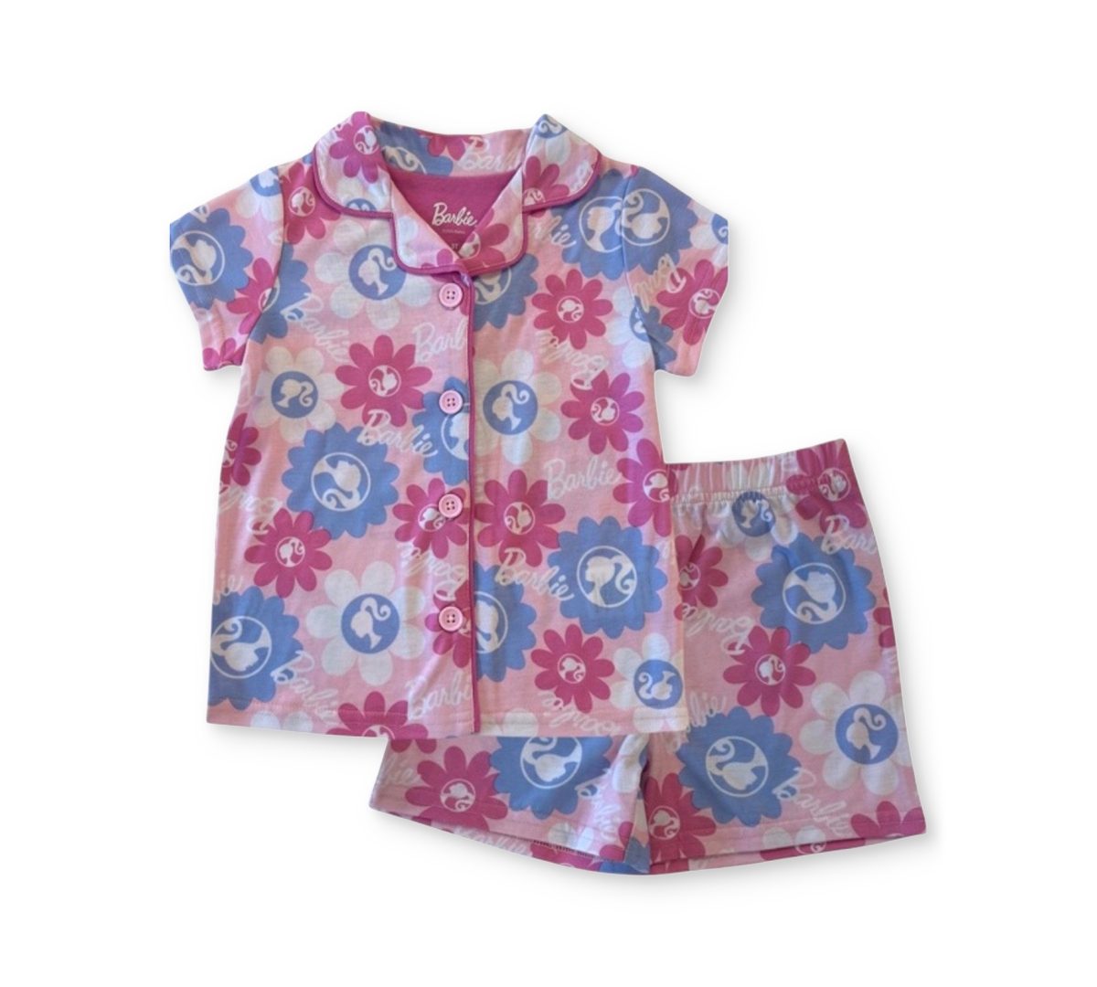Barbie Toddler Girls Button-Down Shorts Pajama Set - Pink/blue